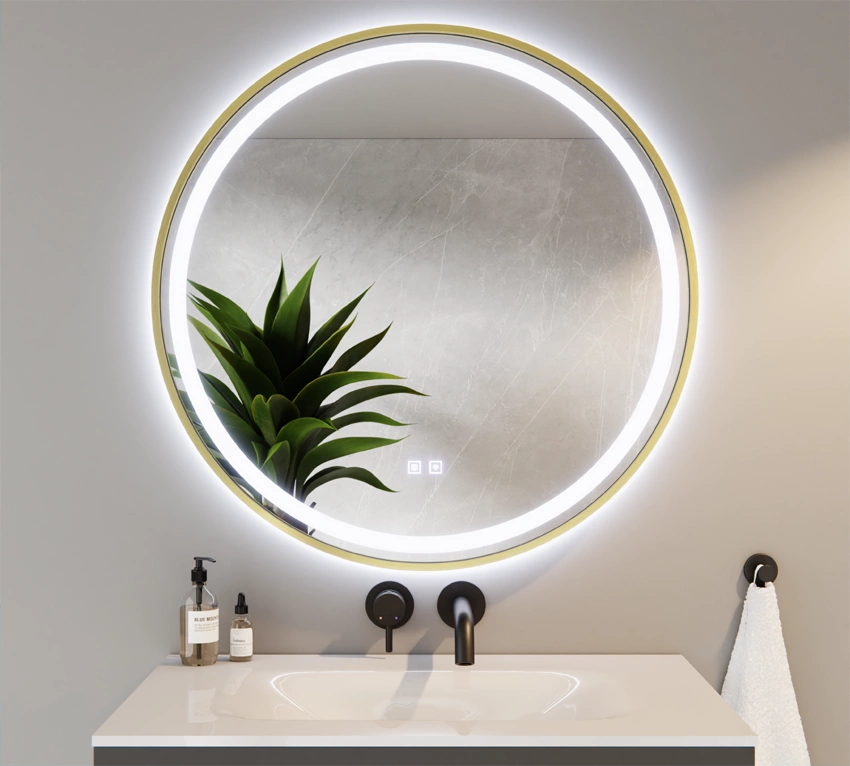 Lustro Okrągłe LED Tricolor w Złotej Ramie z Matą Grzewczą 80CM KAJA 80 ...