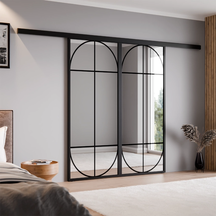 DOUBLE SLIDING DOORS WALL-MOUNTED ALUMINUM BLACK MIRROR FILLING SILVER ...